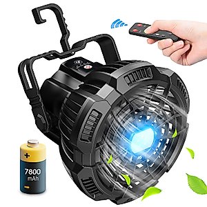 Camping Fan with LED Lantern, Rechargeable Battery Powered Fan, Portable Tent Fan with Remote Control, 25H Working Time, Battery Operated Fan, 180°Head Rotation, Outdoor travel Fan, Ceiling Fan