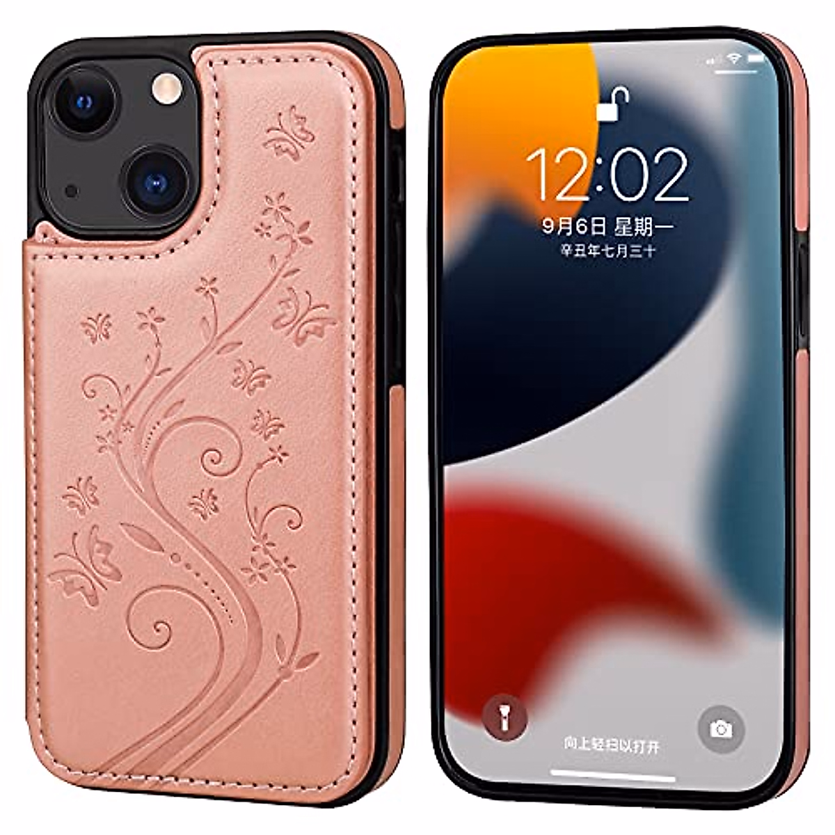 Vaburs Compatible with iPhone 13 Case Wallet with Card Holder, Embossed Butterfly Pattern PU Leather Double Buttons Flip Shockproof Protective Cover for Magnetic Car Mount 6.1 Inch (Rose Gold)