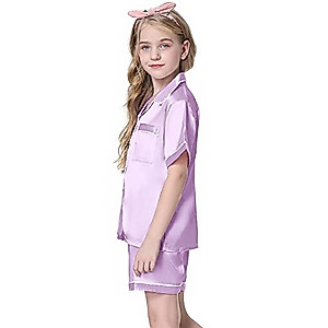 Silk Pjs for Women Set, Cute Silky Matching 2 Pcs Comfy Nightwear Button Down Sexy Soft Satin Summer Pj Short Set, D Lavender, X-Small