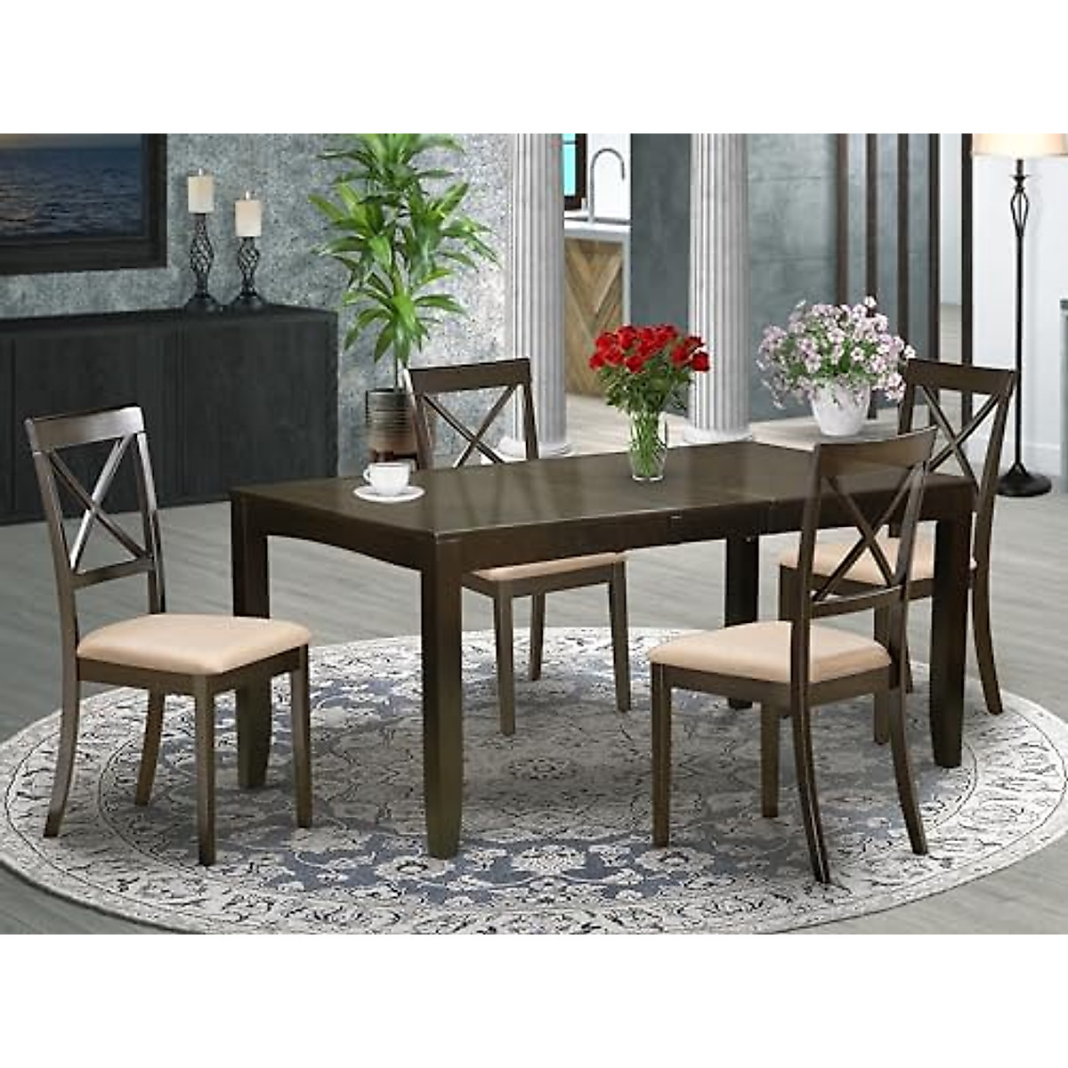 East West Furniture LYBO5-CAP-C Lynfield 5 Piece Room Set Includes a Rectangle Kitchen Table with Butterfly Leaf and 4 Linen Fabric Upholstered Dining Chairs, 36x66 Inch
