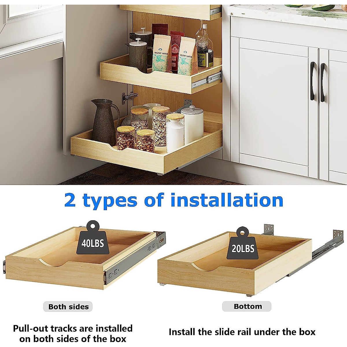 ALINE FURNITURE Pull Out Drawers for Cabinets Wood, 14" W X 21" D Slide Out Drawers for Kitchen Cabinets, Pull Out Shelves, Roll Out Drawers for Pantry Cabinet Organizer