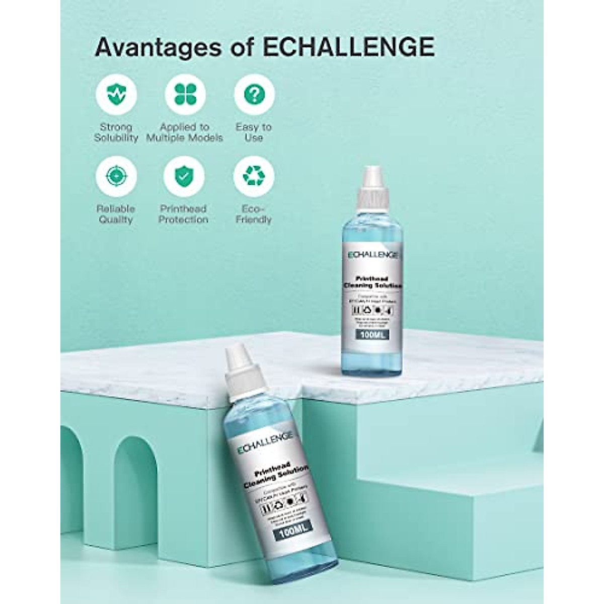 ECHALLENGE Printer Cleaning Kit Inkjet Printer Head Cleaning 100ML Kit -2 Pack for HP Brother Canon 8600 8610 6700 6900 Epson et-2720 et-2750 WF-7710 WF-3640 Liquid Printers Nozzle (Cyan, 200ML)