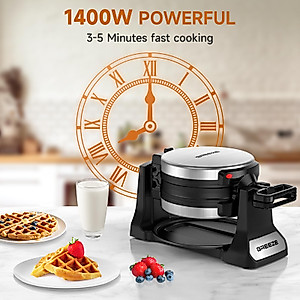 Waffle Maker, Double Belgian Waffle Maker 180°Flip, 1400W Waffle Iron 8 Slices, Rotating & Nonstick Plates with Removable Drip Tray for Easy Clean, Stainless Steel, Locking Buckle & Cool Touch Handle