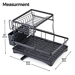 Dish Drying Rack, Dish Rack for Kitchen Counter, Over Sink Dish Drying Rack with Drain Board, 2-Tier Large Capacity Dish Drainer Organizer Shelf with Utensil Holder, Wine Glass Holder - Black