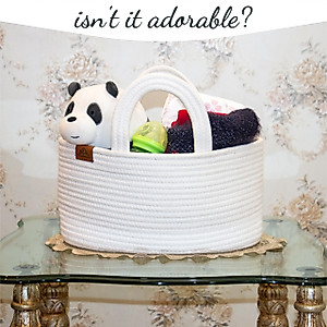 Mojoohouse Baby Diaper Caddy Organizer, Large Nursery Storage Bin, Car Organizer for Diapers with dividers, Portable Tote Bag, Cotton Rope Diaper Basket for Boy Girl (White)