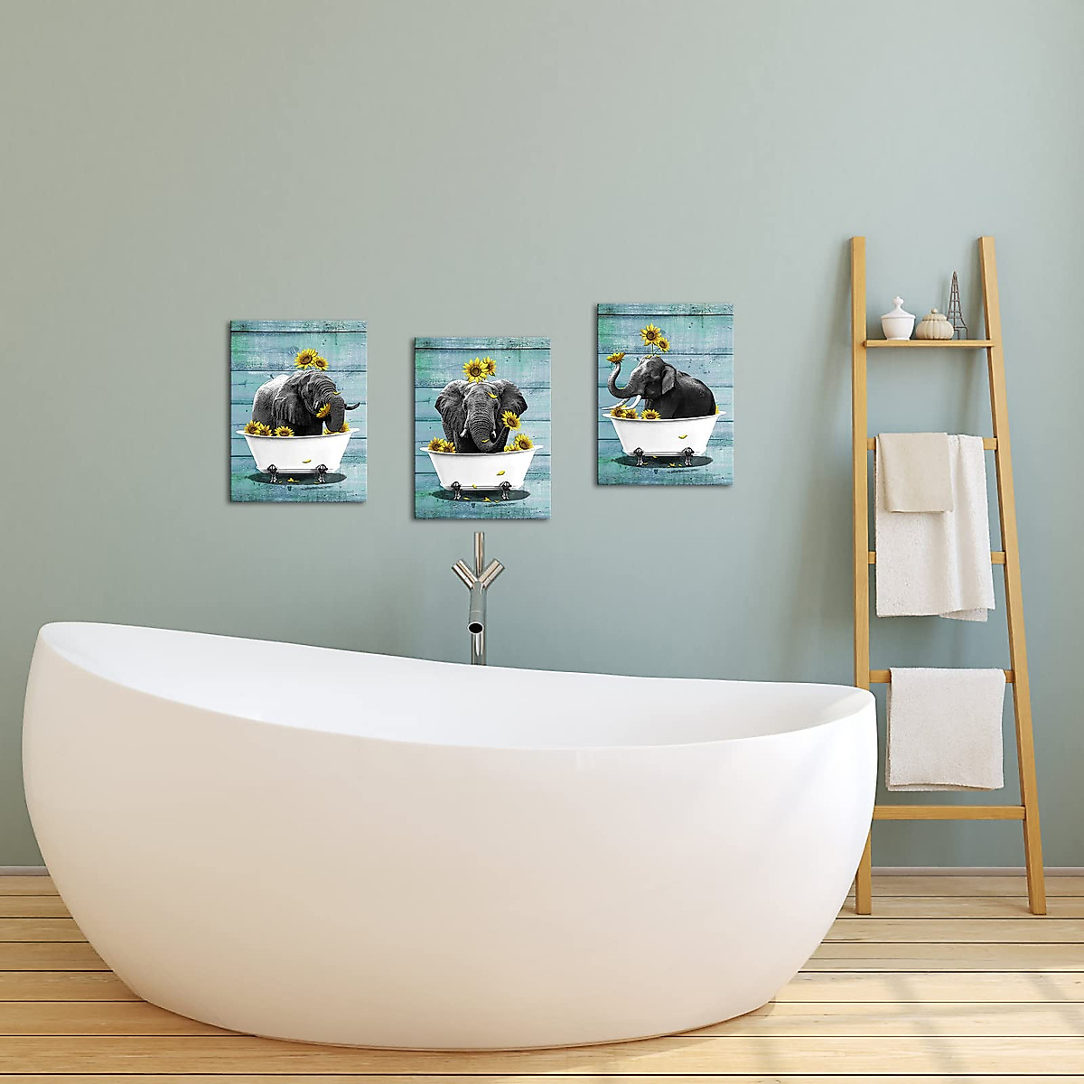 KiteChaser 3 Pieces Elephant Bathroom Decor Wall Art Set Black and White Cute Elephant in Bathtub with Sunflower on Wooded Backdrop African Animals Pictures Canvas Print for Baby Living Room Nursery