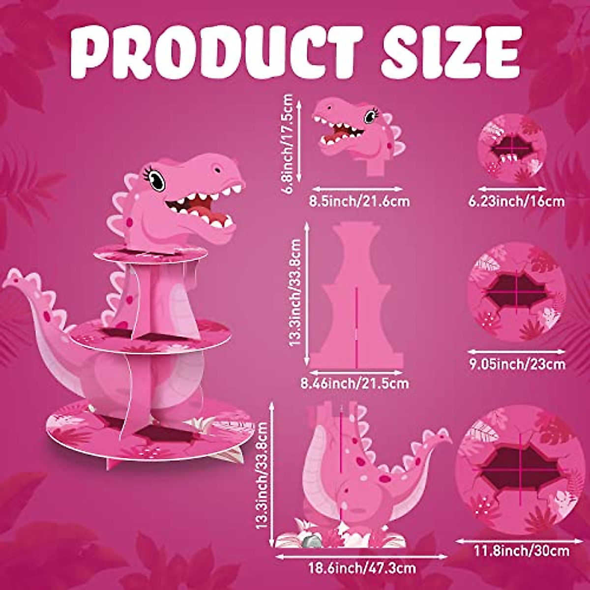 3 Tier Dinosaur Cupcake Stand Party Decorations Dinosaur Theme Cupcake Holder Decorations Dinosaur Dessert Tower for Kids Boys Jungle Dinosaur Theme Party Birthday Supplies (Pink)