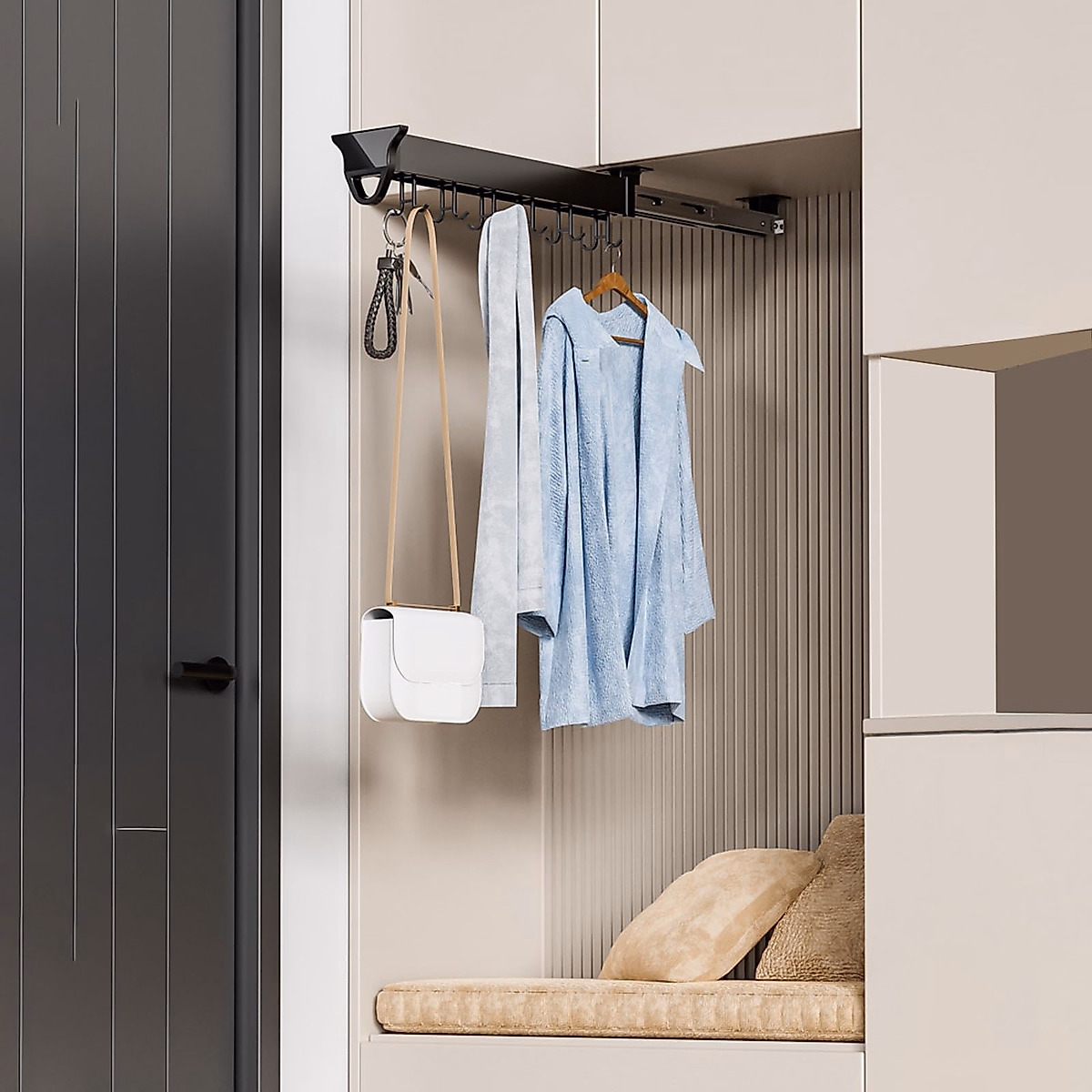 Dawselod 22in Wall Organizer for Brooms and Mops Pull Out Broom Holder with 20 Hooks Multifunctional Slide Broom And Mop Storage, Hanging Garage Storage Rack(Size : 56