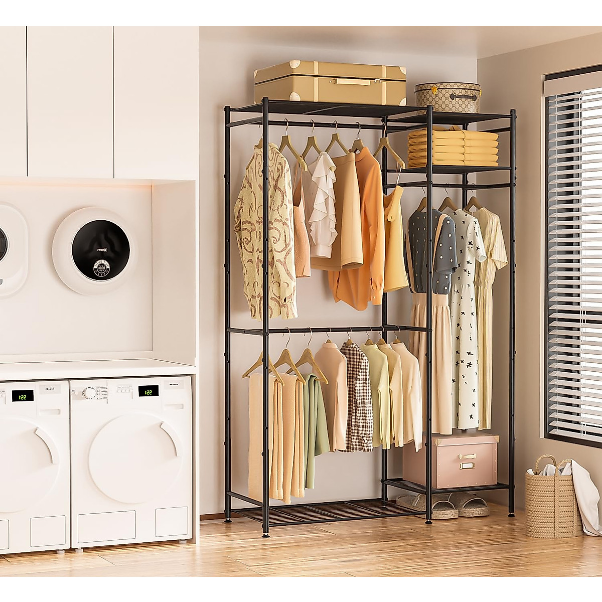 Portable Closets for Hanging Clothes, Freestanding Clothing Rack with 3 Hang Rods & 5 Shelves, Metal Wardrobe Garment Rack for Bedrooms Entrances