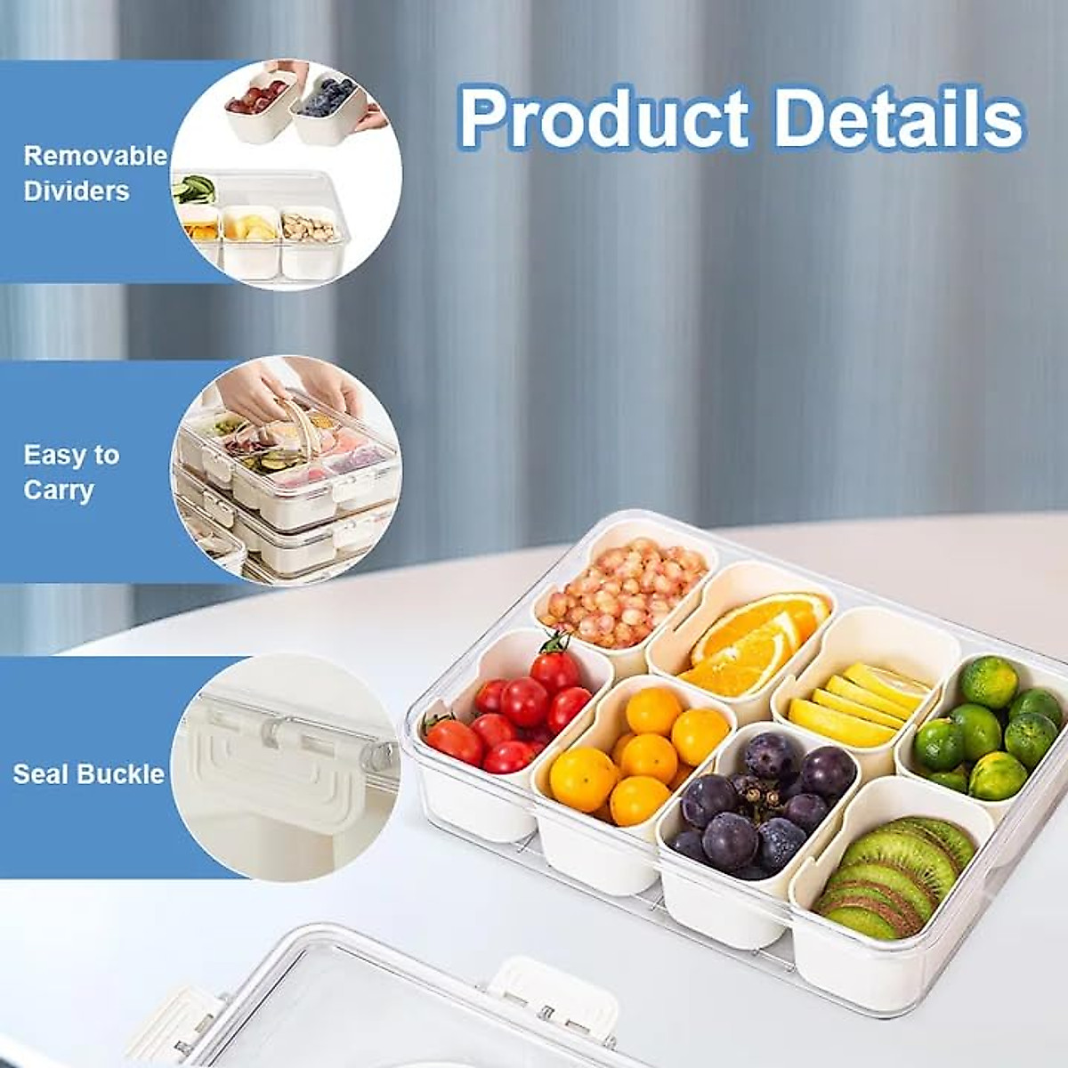 Kitchen Portable Plastic Spice Storage Container Snack Storage Box Snackle Box Clear Divided Serving Tray with Lid and Handle | Clear Snack Organizer Box for Party, Picnic, Travel