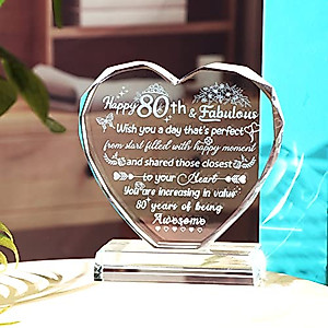 80th Birthday Gifts for Women Mom, Happy 80 Years Old Gifts Ideas for Female Grandma, Glass Love Heart Engraved Keepsake Presents for Her Wife