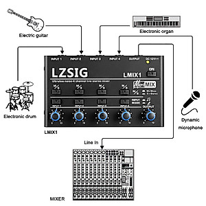 LZSIG Mini Audio Mixer,Stereo Line Mixer for Sub-Mixing,Ultra Low-Noise,4-Channel,Dynamic Microphone Independent Control, 1/4" & 1/8" TRS Output and Input,for Guitars,Bass,Keyboards (Small(4-Channel))