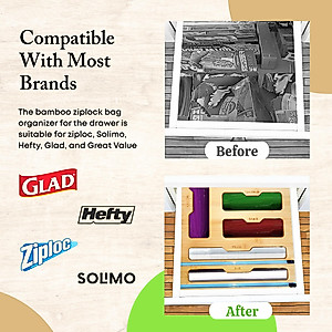Bamboo 6 in 1 Food Storage Bag Organizer for Kitchen Drawer Baggie Container Dispenser Food Storage Bag Holder for Sandwich - Nuts, Cookies & Snack Variety Size Bags, Compatible with Ziploc,Gallon