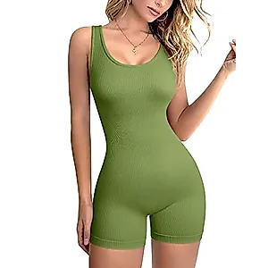 OQQ Women's Yoga Ribbed Round Neck Sleeveless Tank Top Exercise Romper, Avocado Green, Medium