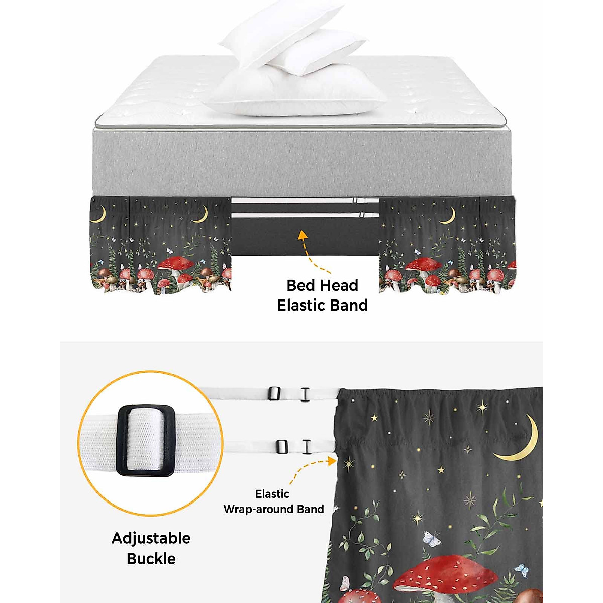 Moon Mushroom Bed Skirt Queen Size 18 Inch Drop, Adjustable & Elastic Wrap Around Bed Skirts Pleated Luxury Dust Ruffles for Twin Full Queen Cal King Base Bed, Star Eucalyptus Leaves Flower