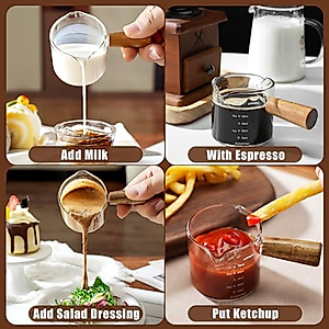 2 Pack Espresso Cups with Wood Handle, Double Spout Glass Measuring Cup with Dual Scale, Espresso Shot Glass with V-Shaped Mouth, Clear Glass Espresso Accessories, Milk Frothing Pitcher 3.52 OZ