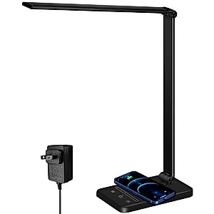 GLITI LED Desk Lamp with Wireless Charging，Dimmable Desk Light, 5 Light Colors, 6 Brightness Levels, Touch Control Table Lamp with USB Rechargeable, Auto Timer, for College Dorm, Home, Office