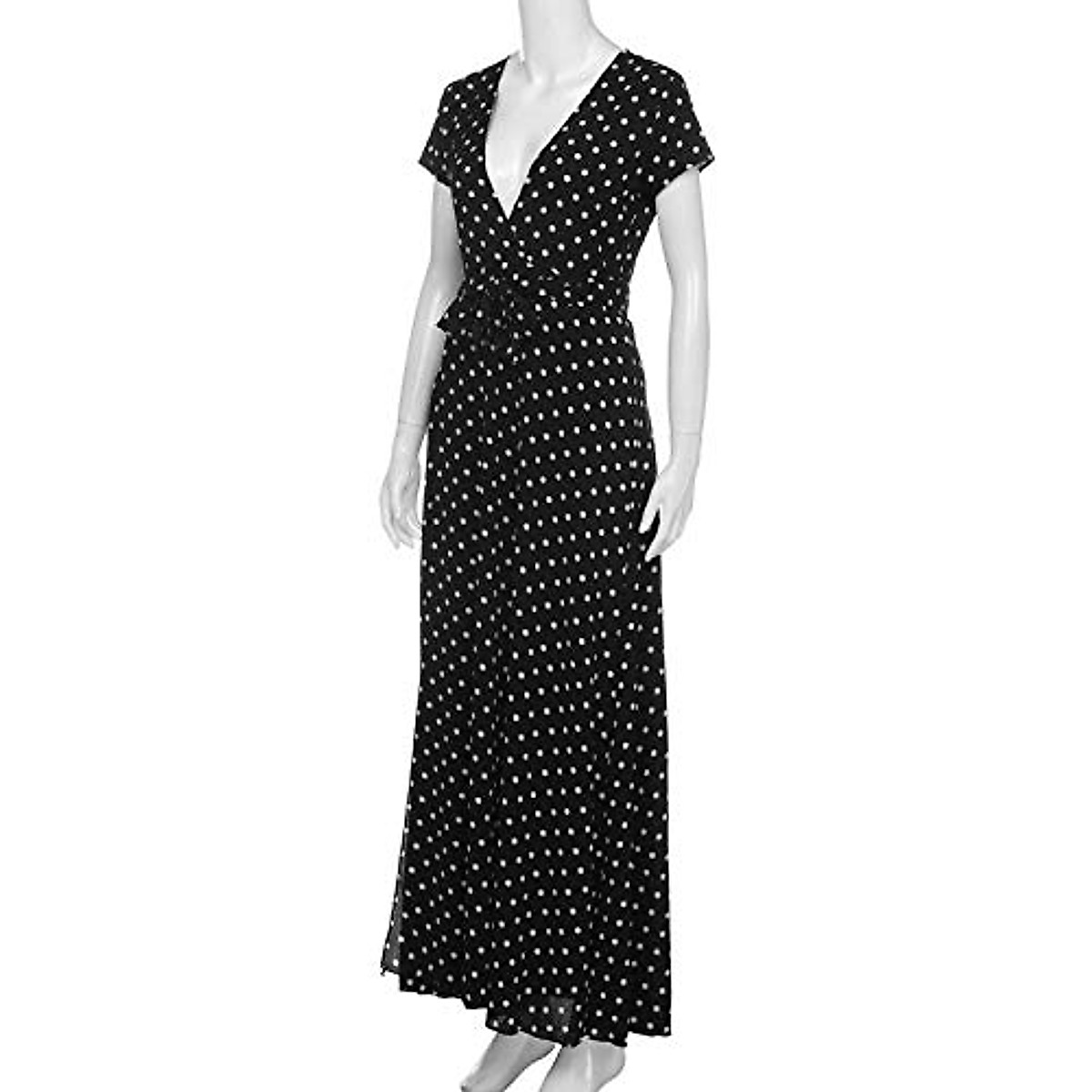 XIMIN Women's Fashion Casual Short Sleeve V-Neck Low Cut Printed Polka Dot Dress Beach Maxi Dress (Black, Size:XXXL)