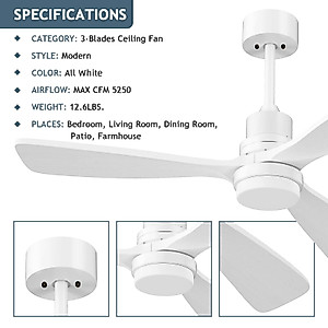 CLUGOJ 52" White Ceiling Fans with Lights Remote Control, Indoor Outdoor Wood Modern Ceiling Fan Noiseless Reversible DC Motor
