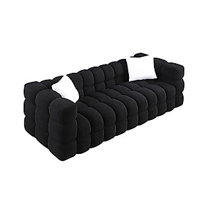 kevinplus 84.3'' Cloud Black Sofa Couch Boucle Chesterfield Sofa Couch for Living Room, Modern 3-Seat Upholstered Sectional Sofa Couch for Apartment Bedroom Dorm Office, Medium-Soft & 2 Pillows, Black