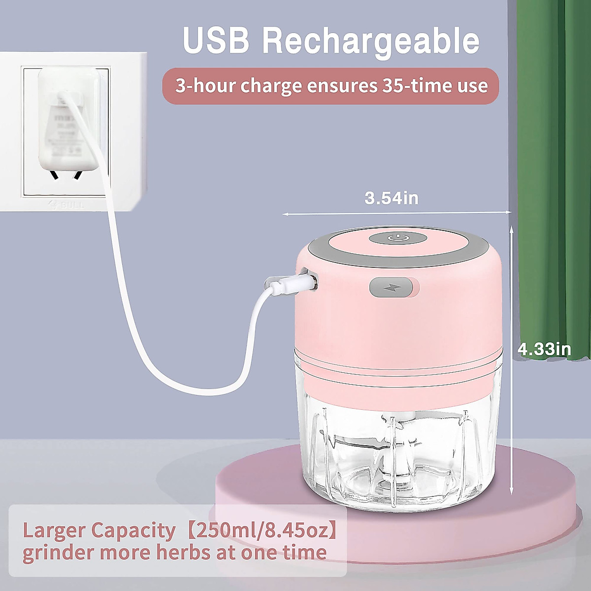 VRUPINZE Electric Herb Grinder - 3.5 Inch Large Grinders for Grinding Dry Fresh Herbs and Spice with Clear Chamber, Portable USB Charge Herb Grinder, Including Clean Brush and Tweezers, Gift Box, Pink