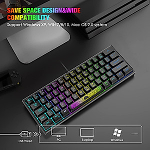 ZIYOU LANG K61 60% Gaming Keyboard Mini Portable with Rainbow RGB Backlit Ergonomic 62Key Layout 19Key Anti-ghosting Mechanical Feel Waterproof USB Wired for PC Mac Windows Gamer Laptop Typists(Black)