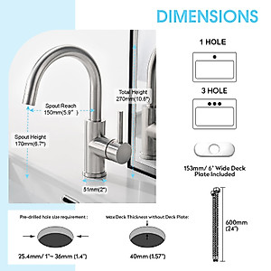 CREA Bar Sink Faucet,Bathroom Faucet with Pop Up Drain Stopper Overflow,Pre Wet Small Kitchen Sink Faucet Single Hole 1 Handle Stainless Steel Brushed Nickel,Bathroom Sink Stopper Hair Catcher