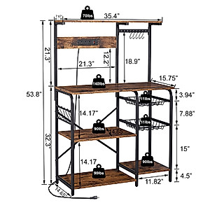 YILFANA Kitchen Bakers Rack with Power Outlet, Bakers Racks for Kitchen with Storage, Microwave Stand with Storage, Kitchen Rack and Shelves with 2 Wire Baskets, 10 S-Hooks, Kitchen Storage Shelves