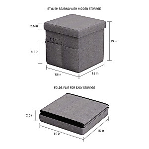 Lavish Home Set of 2 Cube Ottoman with Pockets 15-Inch Folding Foot Rests or Storage Organizers for Bedroom, Living Room, or Dorm, Charcoal Gray