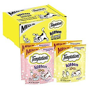 Temptations Kitten Treats, Chicken & Dairy and Salmon & Dairy, Crunchy and Soft Treat, 4-Pack Multipack (6.3 Ounce Per Pack)