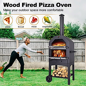 Vonzoy Wood Fired Outdoor Pizza Oven with Waterproof Cover, Pizza Stone and Peel, Wood Burning Pizza Oven with 2 Wheels for Outside