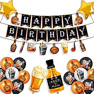 Whiskey Birthday Party Decorations 3 Pieces Whiskey Happy Birthday Banner and Whiskey Beer Banner for Black Gold Whiskey Themed Cheers Themed Whiskey Birthday Party Decoration