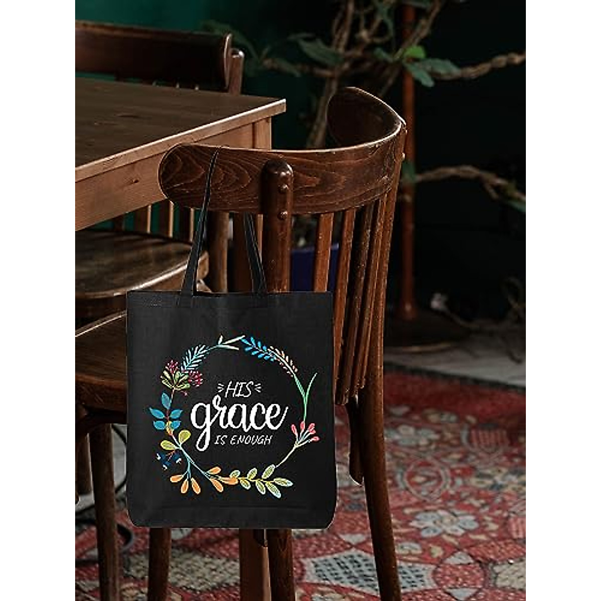 shop4ever His Grace is Enough Christian Floral Eco Cotton Tote Reusable Shopping Bag Black ECO 1