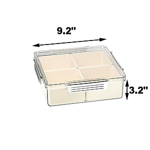 Beige Silver Square Plastic Divided Serving Tray with Lid, 4 Compartments Snack Tray Serving Platter for Biscuits, Fruit, Veggie, Candies and Hot Pot