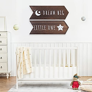 Dream Big Little One Sign - 2 Pcs Nursery Wall Decor, Moon Star Boy Girl Nursery Room Decor, Rustic Wooden Arrow Playroom Sign - Gender Neutral Woodland Decor, 14 X 5 inch, Brown