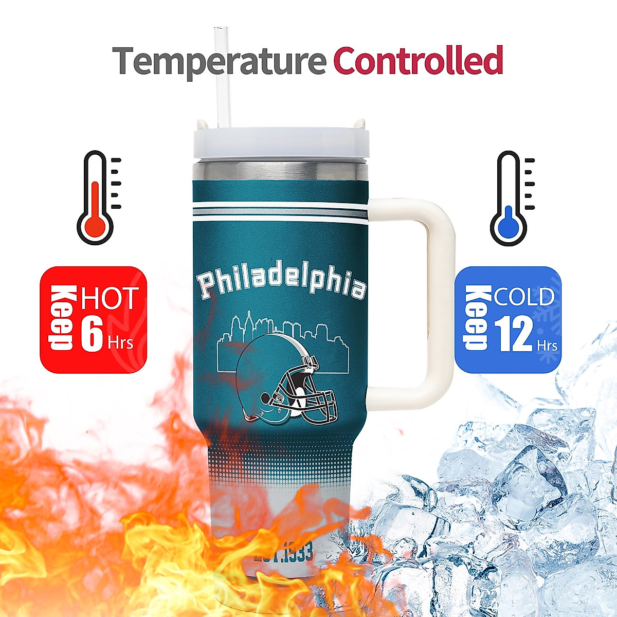 MRSAHLV Insulated Coffee Tumbler, 40oz Stainless Steel Vacuum Travel Mug Cup with Handle and Straw Lid, Reusable Water Bottle Cupholder for Football Fan Cold or Hot Drinks