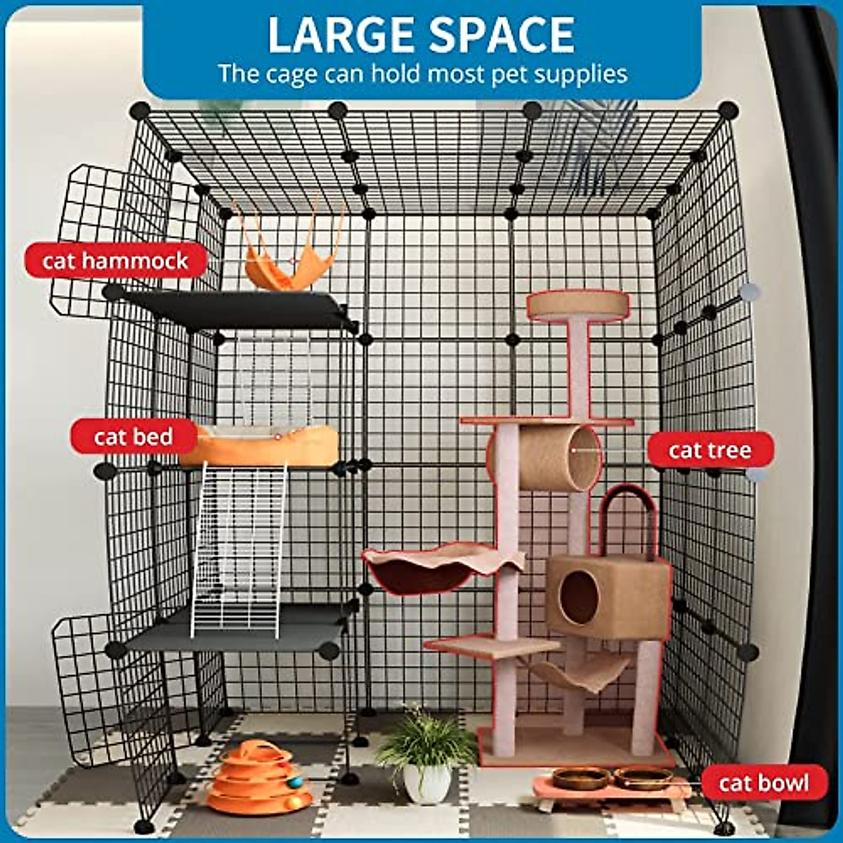 Eiiel Large Cat Cage Enclosures with Balcony Indoor DIY Cat Playpen Detachable Metal Wire Kennels Crate 2x3x3 Large Exercise Place Ideal for 1-3 Cat