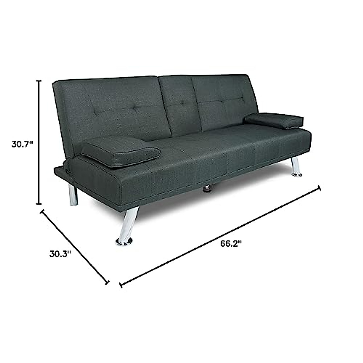 ERYE Modern Futon Loveseat Convertible Sleeper Bed for Living Room Apartment Small Space Furniture Sets with 2 Cup Holders Metal Legs,Removable Soft Pillow-Top Armrest, Sofa & Couch, Dark Grey