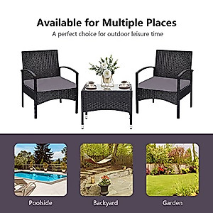 RELAX4LIFE 3-Piece Patio Furniture Set - Rattan Conversation Set, Wicker Bistro Set W/ 2 Chairs, Glass Table, Steel Frame, Outdoor Chairs Set for Backyard, Balcony, Front Porch Furniture(Gray)
