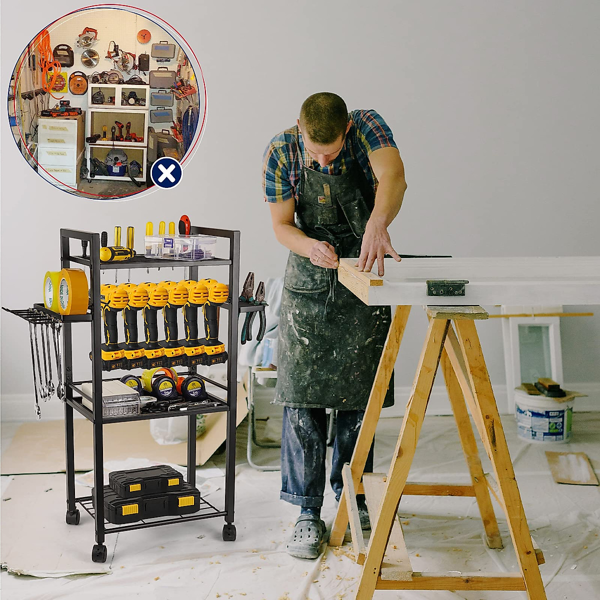 Jolensoy Tool Storage Organizer Garage Storage Organization Heavy Duty Metal Drill Holder with Wheels Rolling Tool Cart Gifts for Men Dad