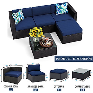 PHI VILLA Outdoor Patio Rattan Sectional Sofa- Patio Wicker Furniture Sofa Set 5-Piece, Blue