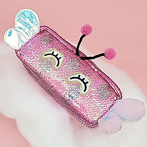 Cute Pencil Case for Kids & Sequin Cosmetic Brush Bag for Women，Reversible Glitter Handbag Makeup Organizer Purse，Travel Storage Pouch (Rose Red Butterfly)