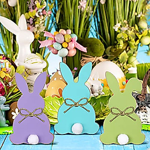 4 Pieces Easter Table Decorations Bunny Wooden Sign Spring Rabbit Wood Tabletop Block Freestanding Easter Tiered Tray Decor with Rope and Fluffy Tail Easter Decorations for Home Table Room Decor