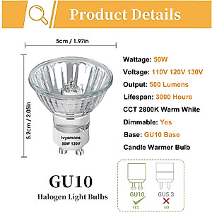 Ivyemons GU10+C 120V 50W Bulb - High Output 500LM GU10 Dimmable Bulb, MR16 GU10 Base Bulbs Warm White GU10 Halogen 50W Bulbs, Long Lasting 50 Watt GU10 Bulbs for Candle Warmer, Track Lighting