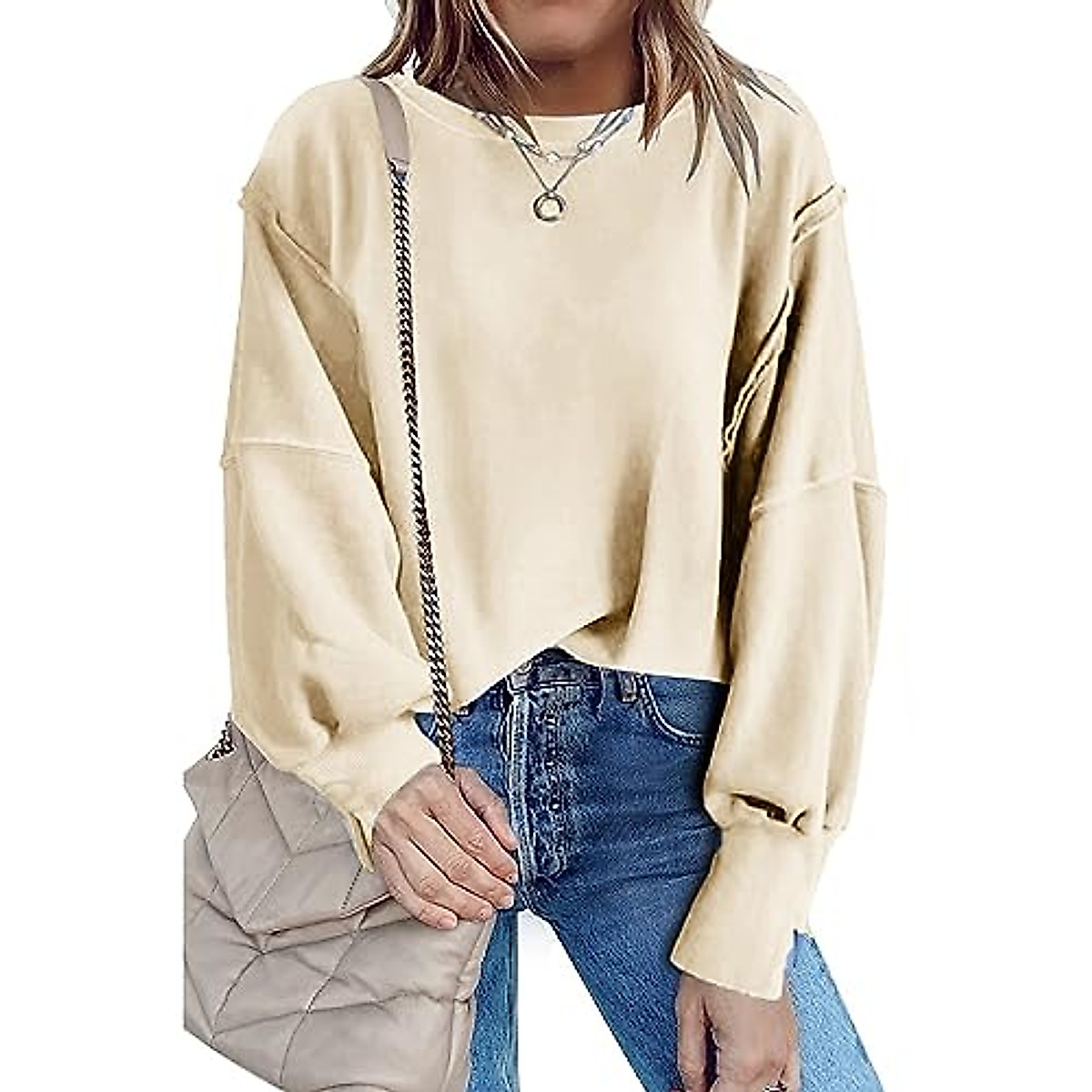iHPH7 Womens Oversized Crewneck Sweatshirts Pullover Workout Tops Fall Long Sleeve Teen Girls Loose Outfits Preppy Cute Clothes Beige