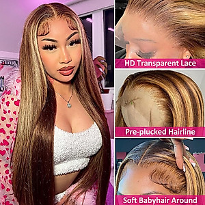 Flady Highlight Ombre Lace Front Wig Human Hair Pre Plucked Glueless HD Lace Frontal Wig 4/27 Straight Wigs Human Hair Ombre Brown Blonde Wig 150Density