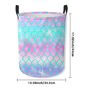Mermaid Scale Stars Laundry Basket Waterproof Dirty Clothes Hamper Collapsible Toys Storage Bins with Handle for College Dorm Bathroom