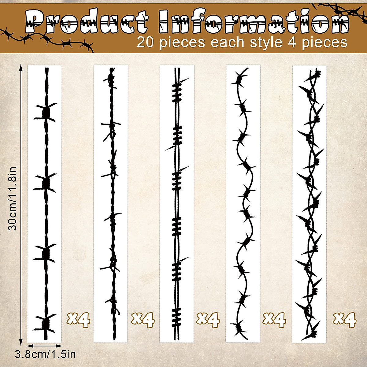 20 Pcs Barbed Wire Temporary Tattoos Barbed Fake Wire Tattoo Removable Black Arm Tattoo Stickers for Men Women Kids Halloween Costume Supplies Totem Body Art