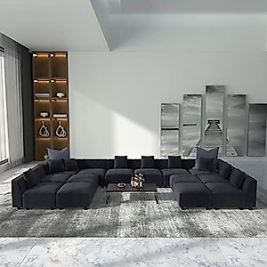 LLappuil Modern Modular Sectional Sofa Set, Low Back Minimalist Style Couch with Ottoman and Chaise Lounge, Soft Fabric 14 Seater Oversized 130.6" Sofa for Living Room, Dark Grey
