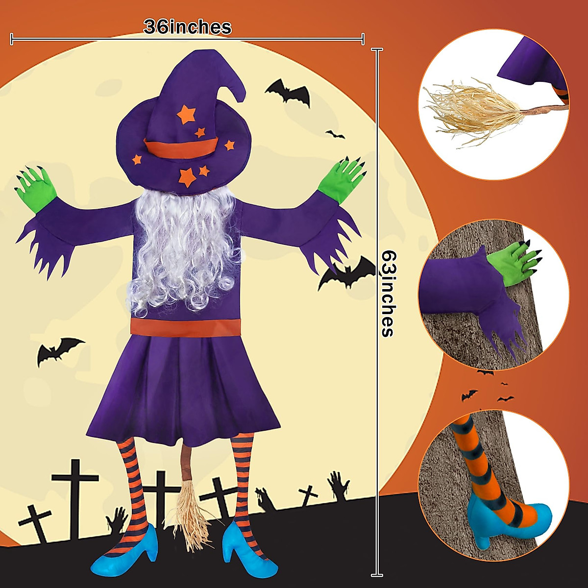 Crashing Flying Witch Halloween Decorations (63''H), Hanging into Tree Porch Pole Witches for Outdoor Front Yard Garden Patio Outside Party Decor
